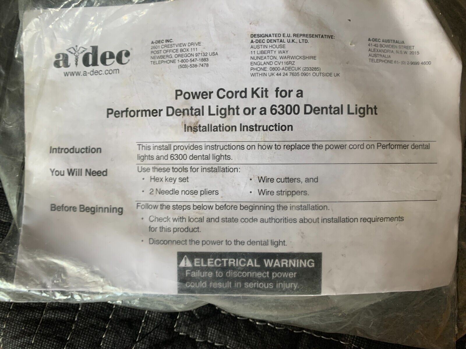 Adec Power Cord Kit for a Performer or a 6300 Dental Light ...